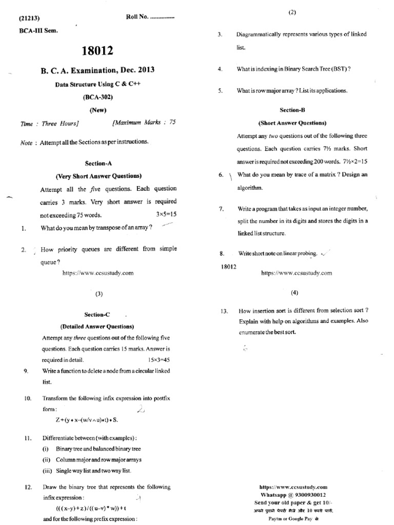 Bca 3 Sem Data Structure Using C and CPP 18012 Dec 2013 | PDF