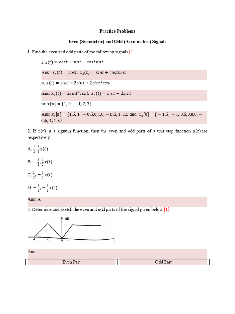 Even and Odd Signal Practice Problems | PDF