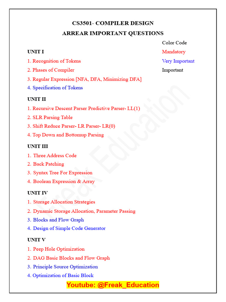 CS3501 - Compiler Design Important Question | PDF