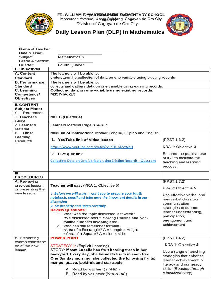 Daily Math Lesson Plan: Data Collection | PDF | Learning ...