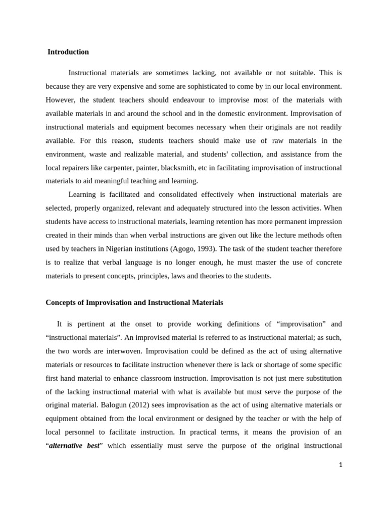 Improvisation of Instructional Materials | PDF | Teachers | Learning
