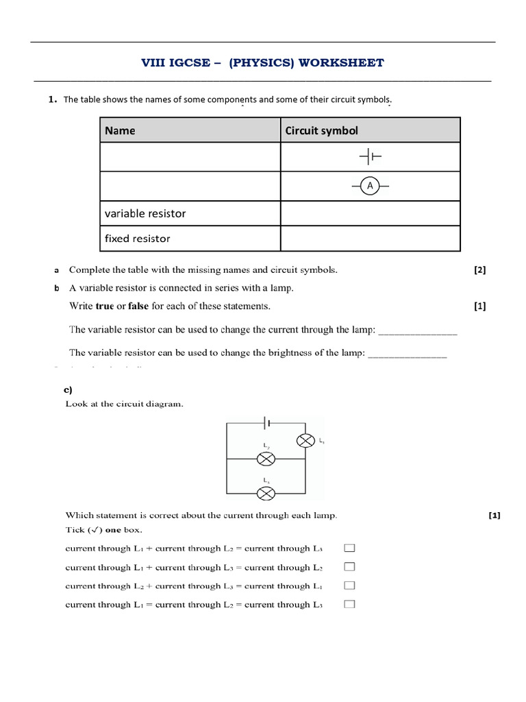 IGCSE Physics Circuit Symbols Worksheet | PDF