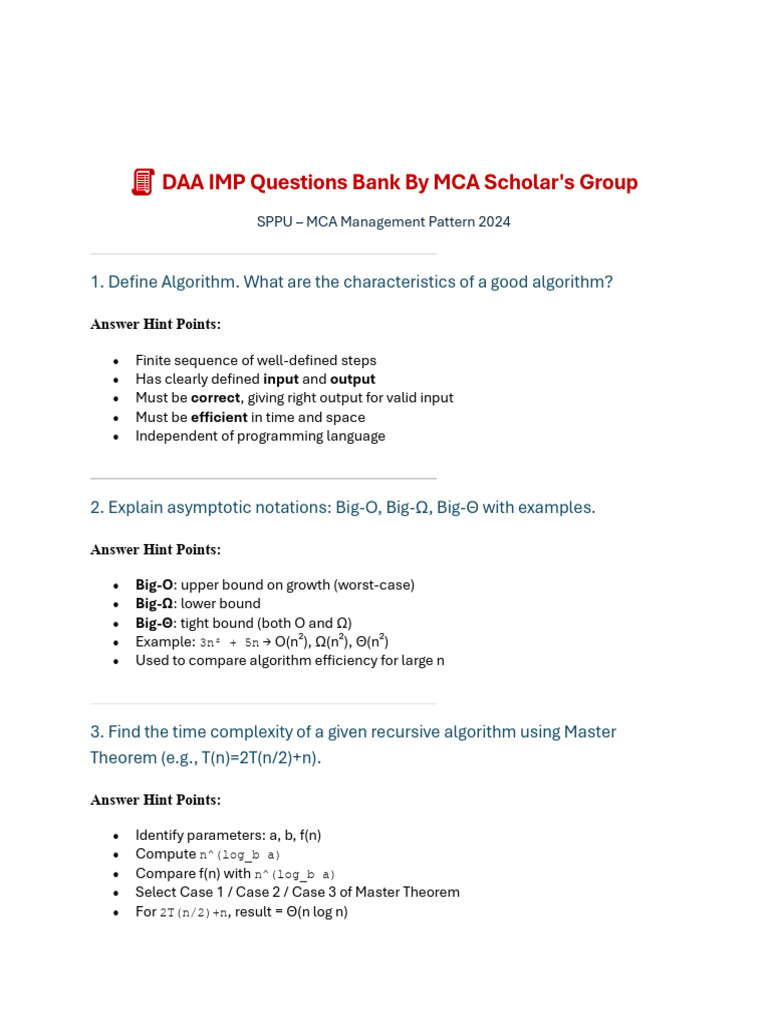 DAA IMP Questions Bank by MCA Scholar's Group (3rd Sem Pattern 2024 ...