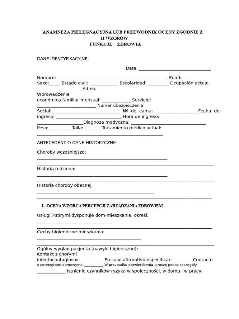 Anamneza Przewodnik Gordon | PDF