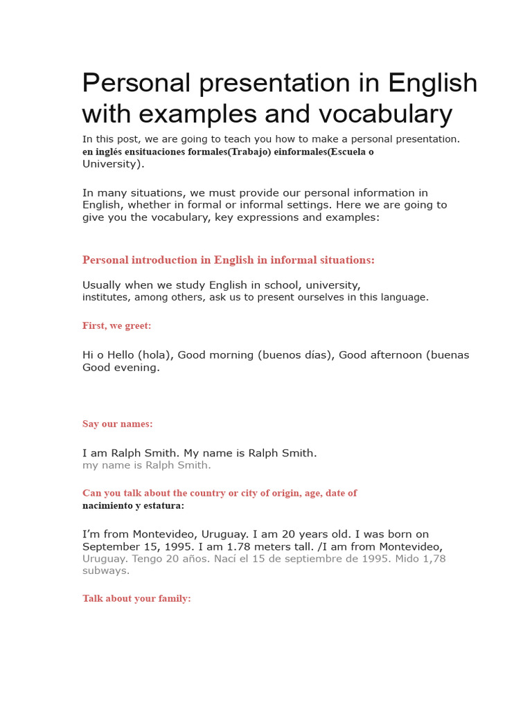 Personal Presentation in English With Examples and Vocabulary. | PDF