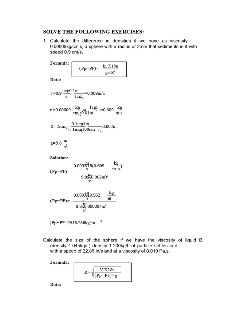 Sedimentation Exercises - Processes 2 | PDF | Viscosity | Density