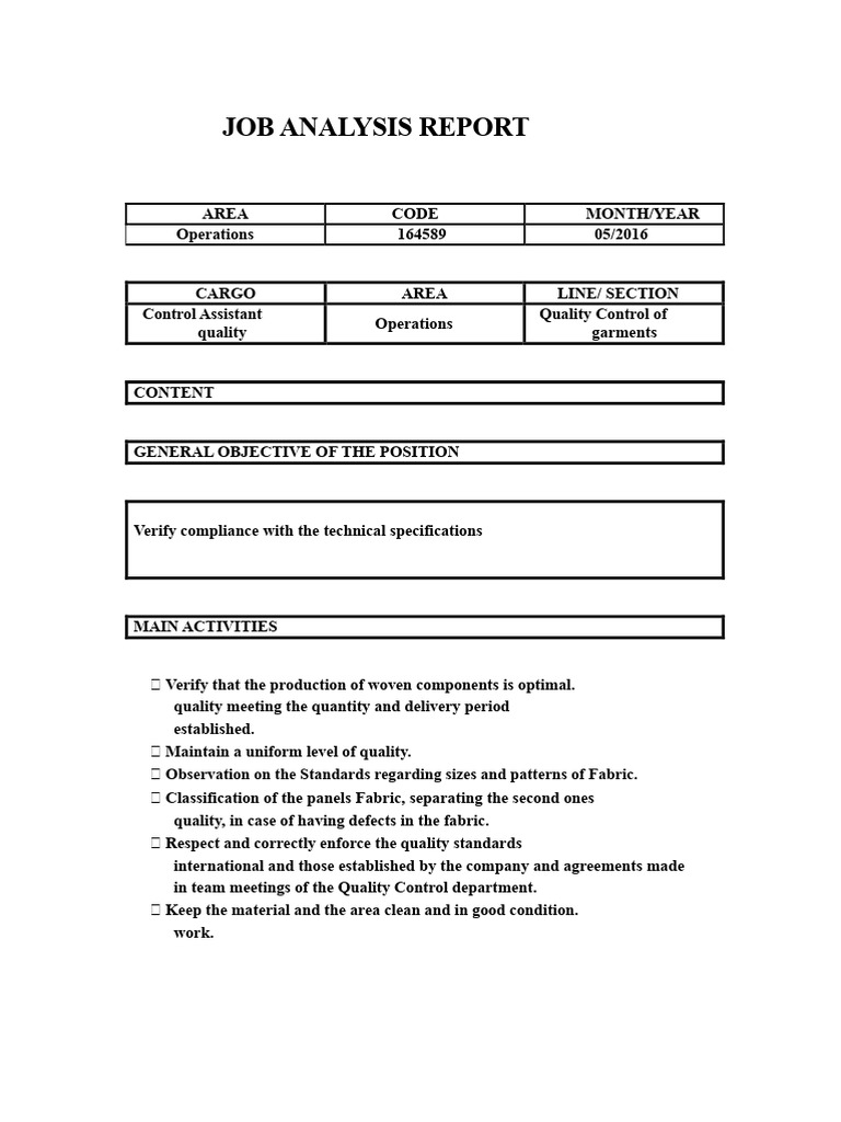 JOB ANALYSIS Quality Control Assistant | PDF | Textiles | Specification ...