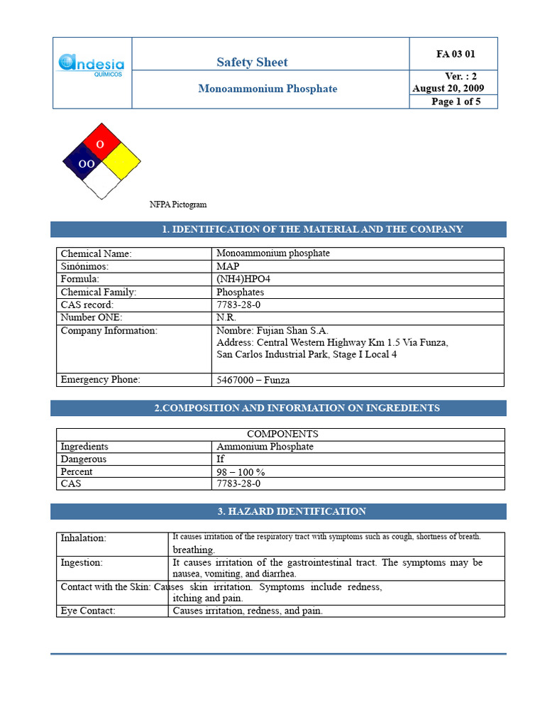 Monoammonium Phosphate Safety Data Sheet | PDF | Personal Protective ...
