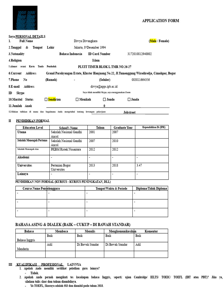 Formulir Aplikasi NNT EF Diwya Diwangkara | PDF