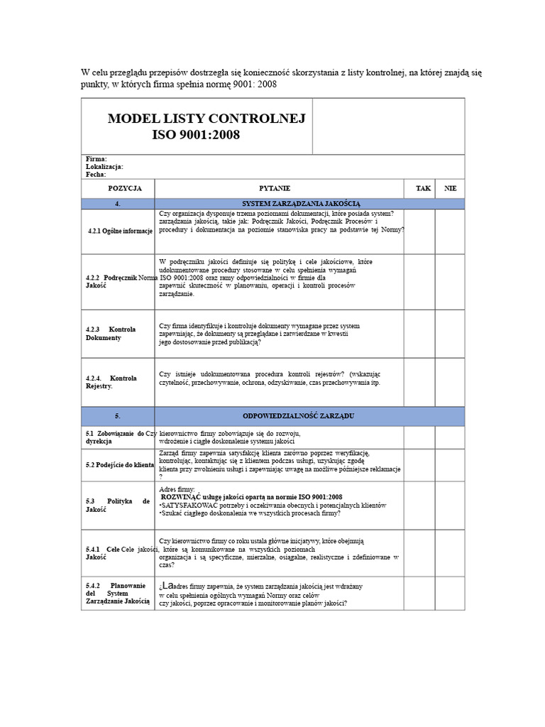 Lista kontrolna ISO 9001 | PDF
