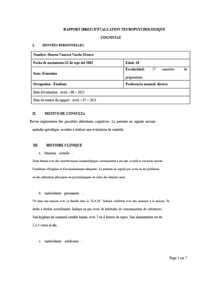 Évaluation neuropsychologique de Sharon Varela | PDF | Mémoire | Attention