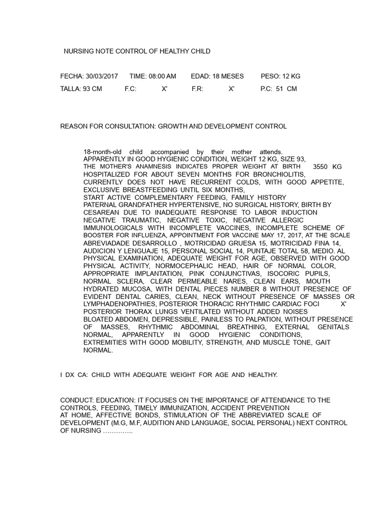 Nursing Note Healthy Child Monitoring | PDF