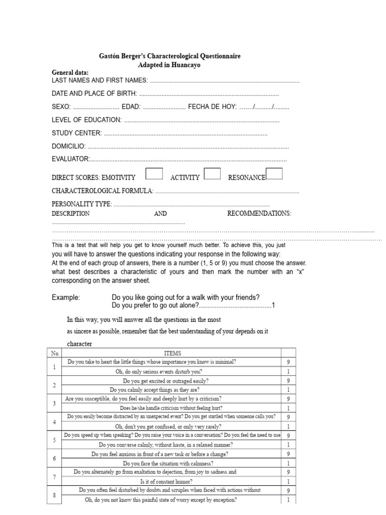 Gastón Berger's Characterological Questionnaire | PDF | Questionnaire ...