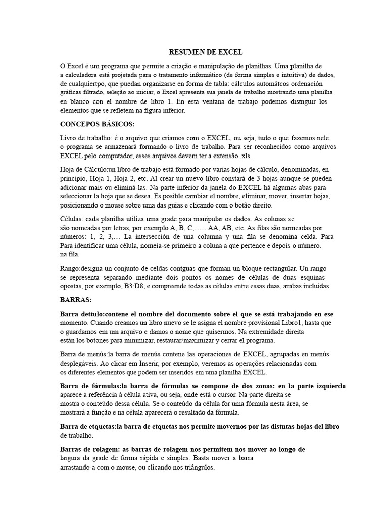 RESUMO DO EXCEL | PDF | Microsoft Excel | Janela (informática)