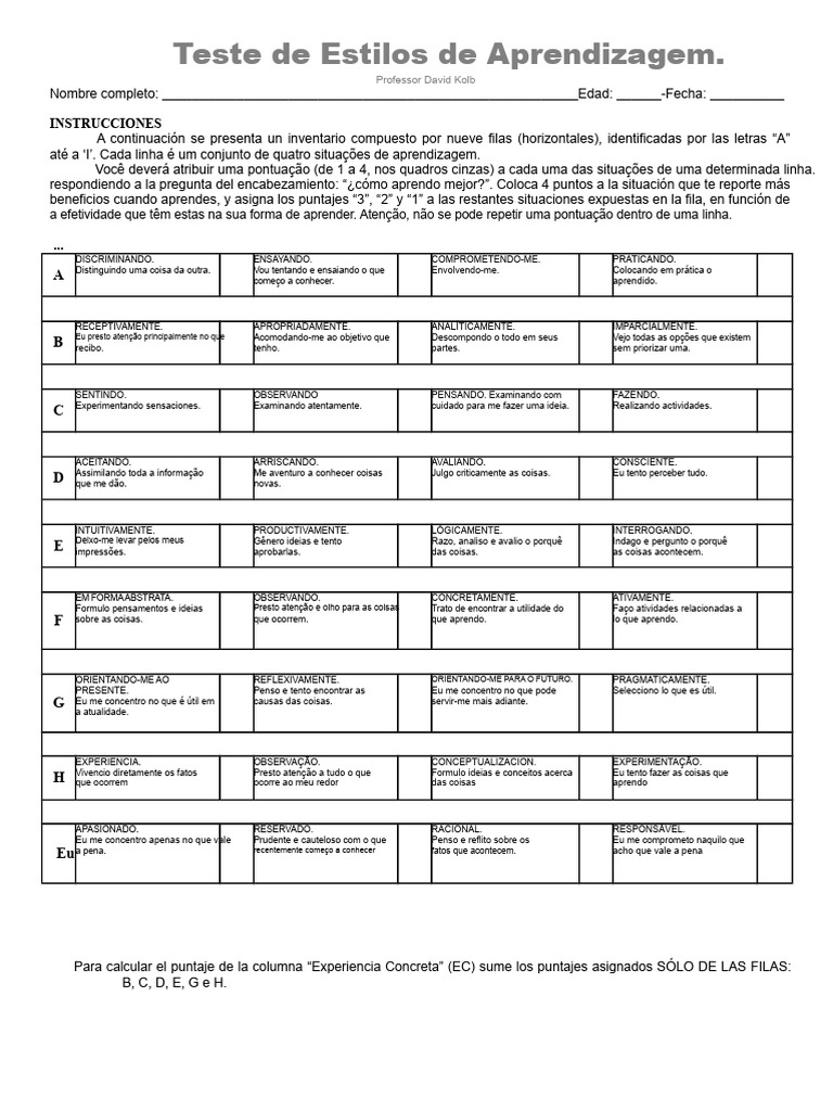 Teste De Estilos De Aprendizagem Kolb Finalizado2 Pdf Aprendizado