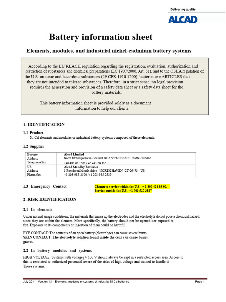 Ni-Cd Batteries - Alcad - Safety Data Sheet (English) | PDF | Materials