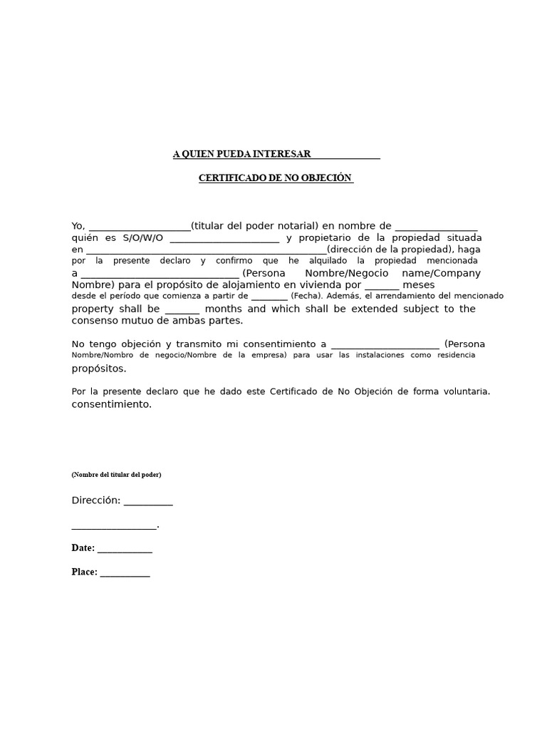 A Quien Pueda Interesar Certificado de No Objeción | PDF