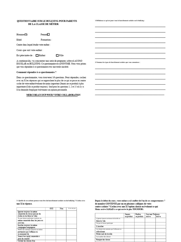 Questionnaire Parents ENFANTS ÉCOLE PRIMAIRE | PDF | Enseignants