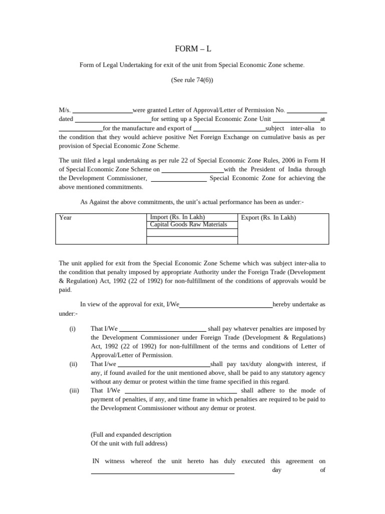 Legal Undertaking for SEZ Exit | PDF | Government | Taxes