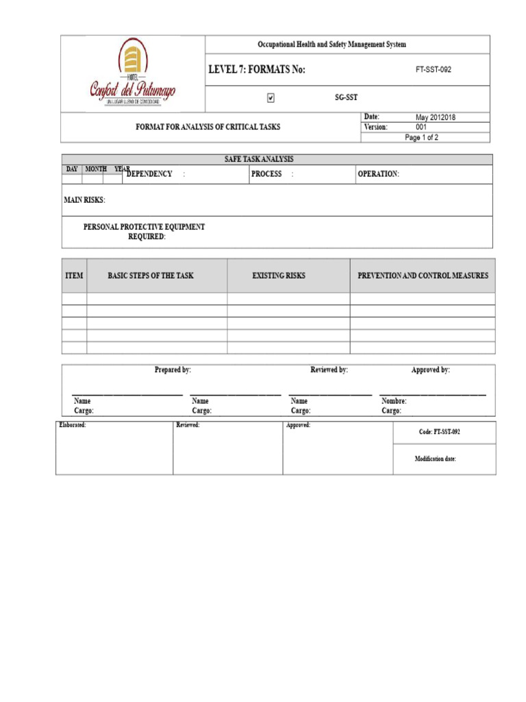 FT-SST-092 Critical Task Analysis Format | PDF | Risk | Safety