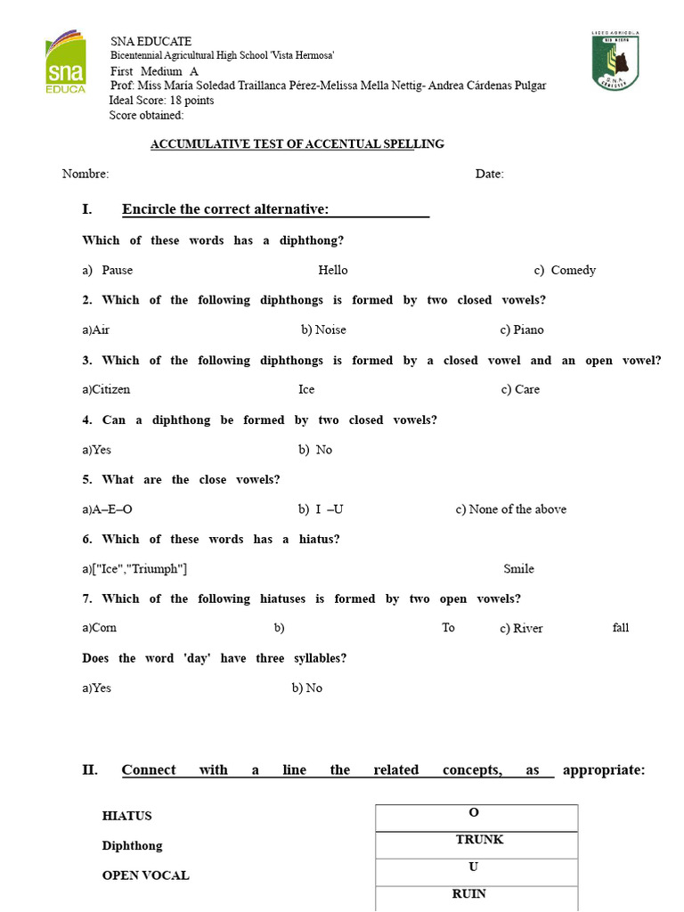 Assessment of Diphthongs and Hiatuses | PDF | Phonology | Human Voice