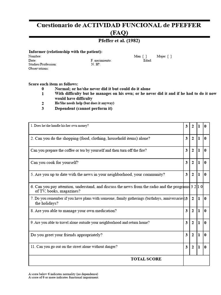 Cuestionario de Actividad Funcional PFEFFER | PDF