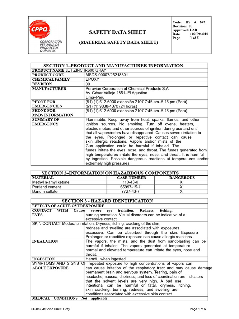 MSDS Jet Zinc Ir600 PDF | PDF | Personal Protective Equipment