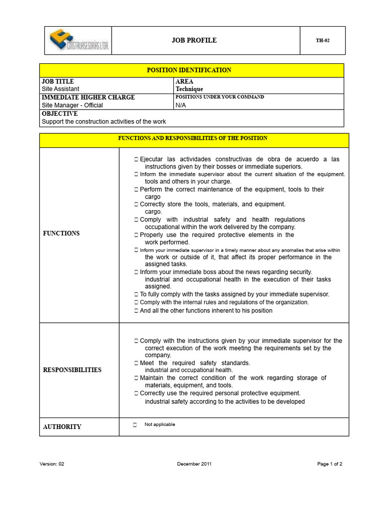 Site Assistant Job Profile Overview | PDF | Occupational Safety And ...