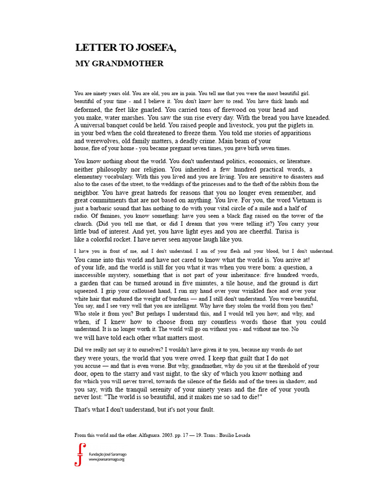 José Saramago. Letter To Josefa, My Grandmother PDF | PDF