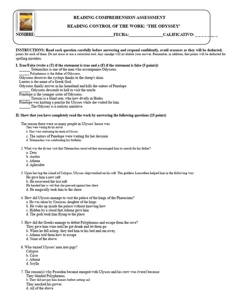Odyssey Reading Comprehension Test | PDF | Odysseus | Odyssey