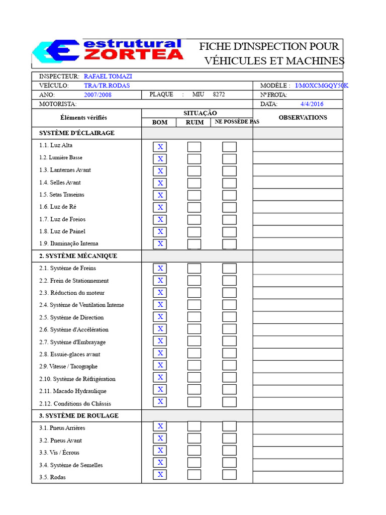 Fiche D'inspection Des Véhicules XCMG | PDF | Pièces de véhicule ...