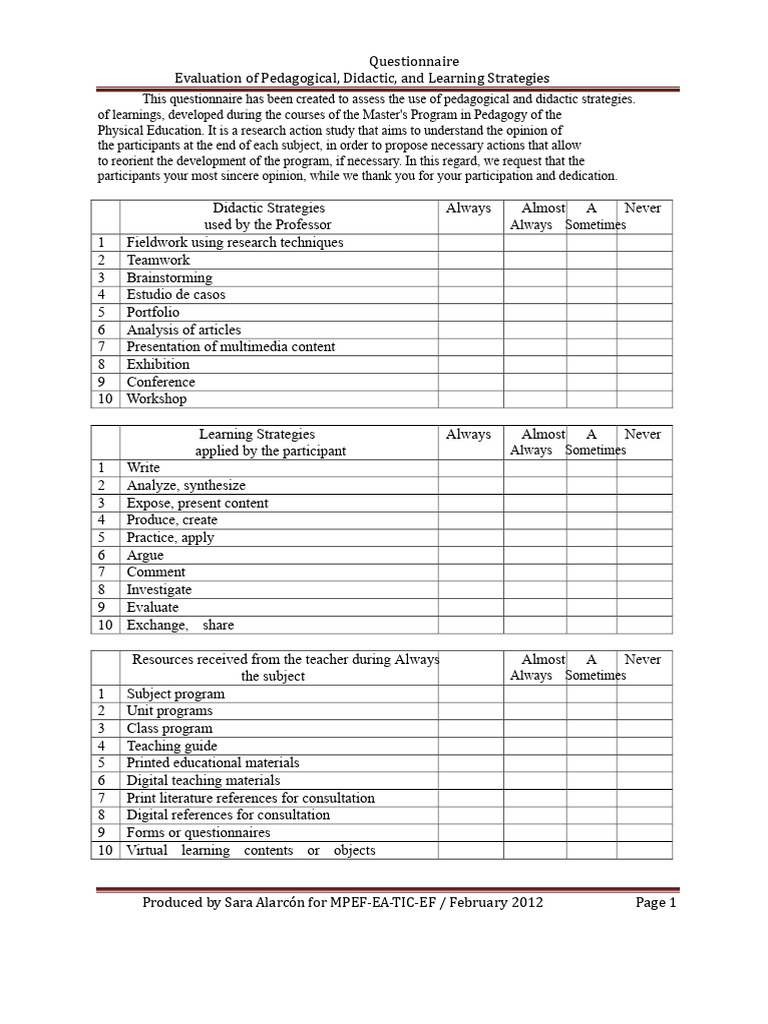 Questionnaire On Pedagogy, Didactics, and Strategies | PDF | Pedagogy ...