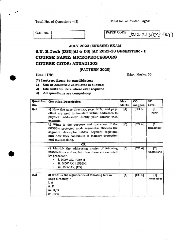 Microprocessors Sem I Pattern 2020 Endsem Exam DSY July 2023 - AIDS | PDF