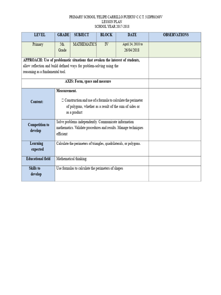 Fifth Grade Mathematics Planning | PDF | Lesson Plan