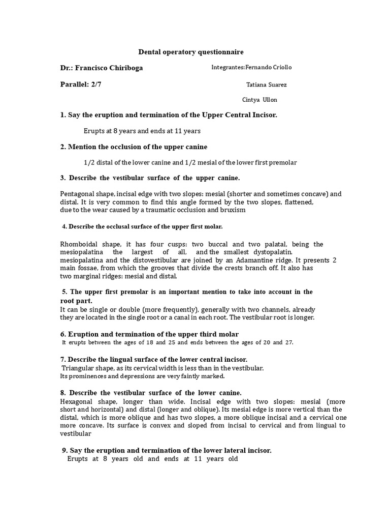 Dental Operative Questionnaire | PDF | Dental Anatomy | Tooth