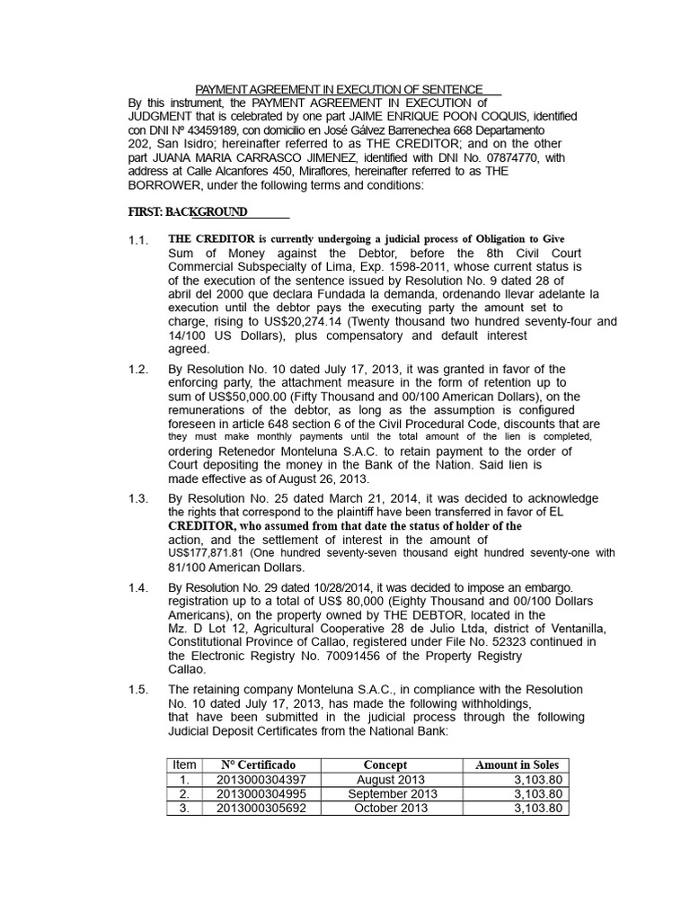 Payment Agreement in Execution of Judgment Carrasco Jimenez - Modification | PDF | Debt | Debtor