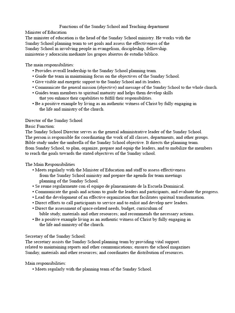 Job Descriptions For The Sunday School Department - Odt | PDF | Worship ...