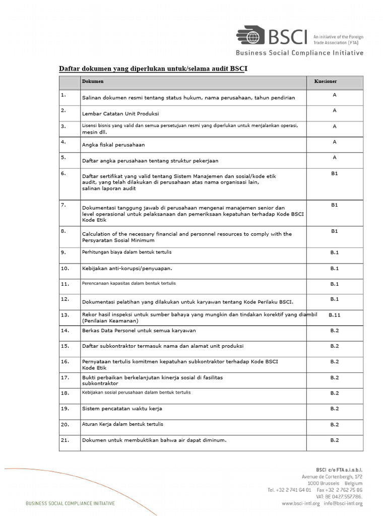 Dokumen Penting untuk Audit BSCI | PDF