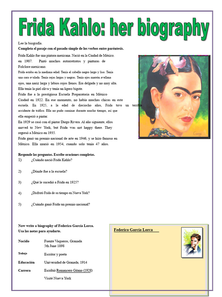 Frida Kahlo Su Biografía Ejercicios de Gramática Actividades de ...