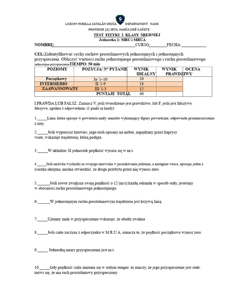 Test 2m MRU I MRUA Fizyka 2018 | PDF