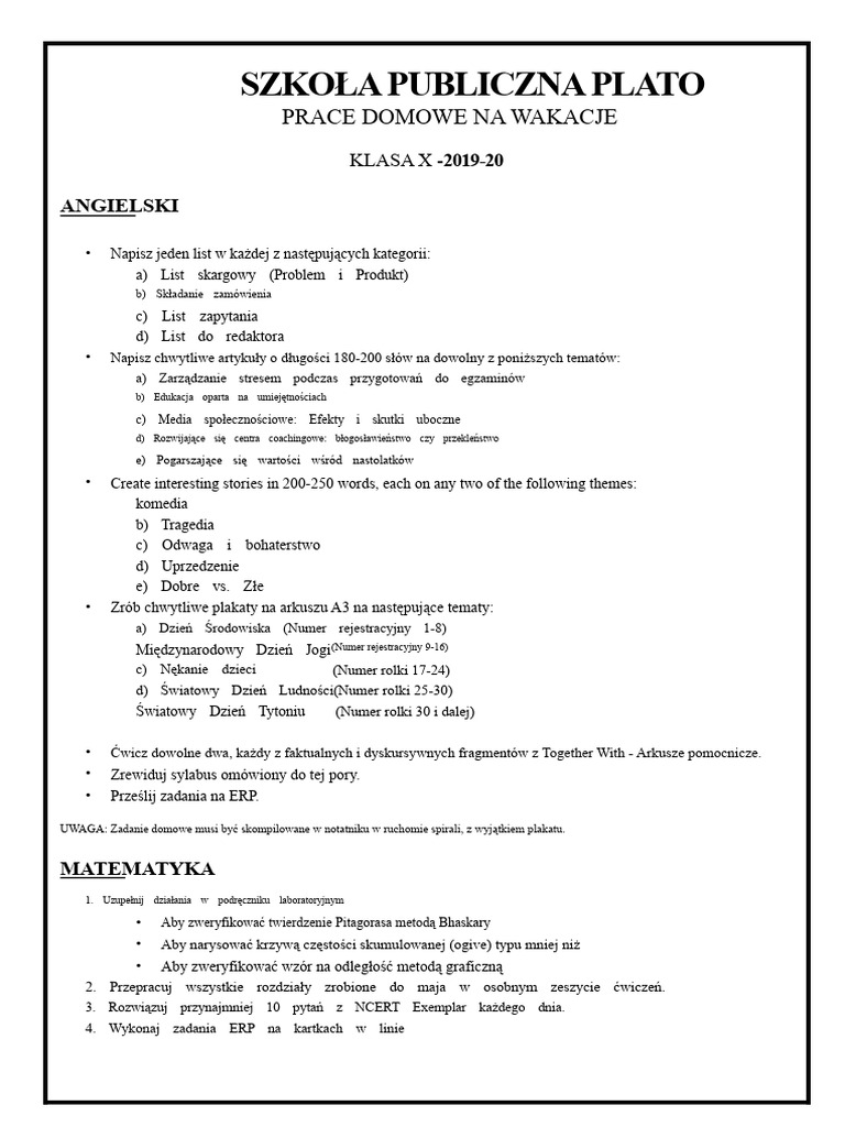 (Klasa X) Prace Domowe Na Wakacje | PDF
