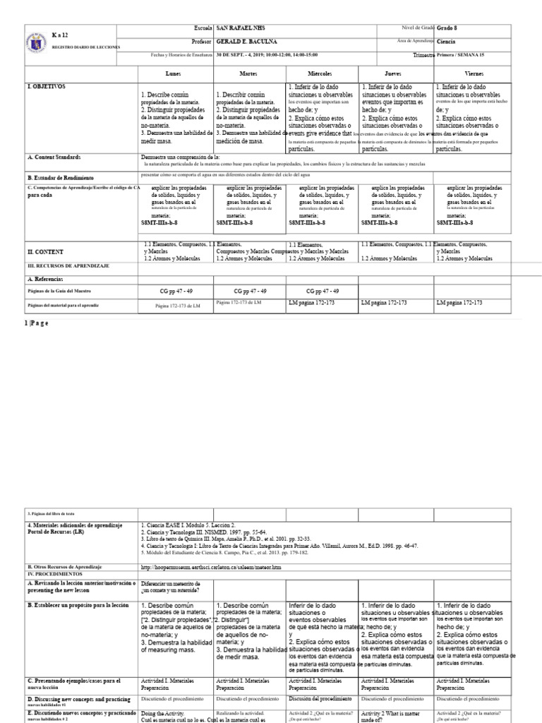 DLL Ciencia Grado 8 Cuarto 2 Semana 17 | PDF | Importar | Moléculas