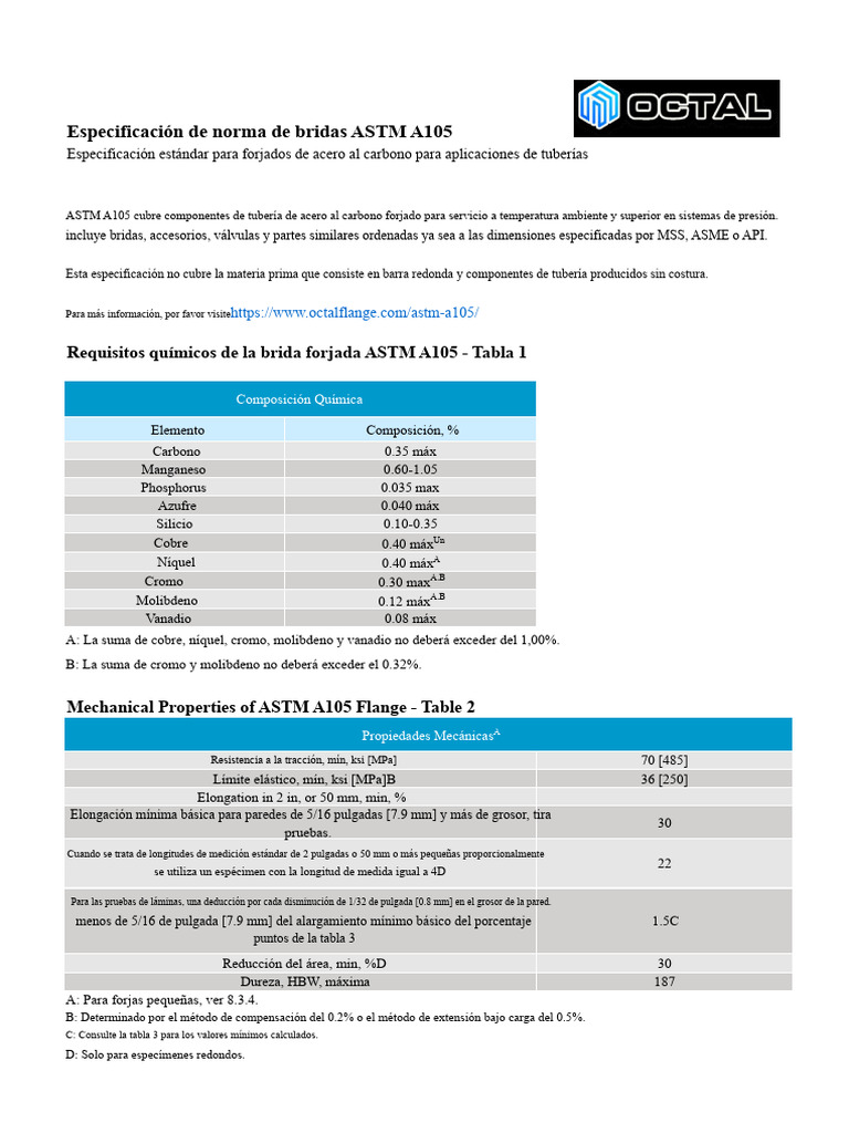 Astm A105 Especificación de Brida PDF | PDF | Acero | Tratamiento a base de calor