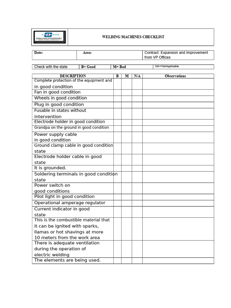 Welding Machines Safety Checklist | PDF