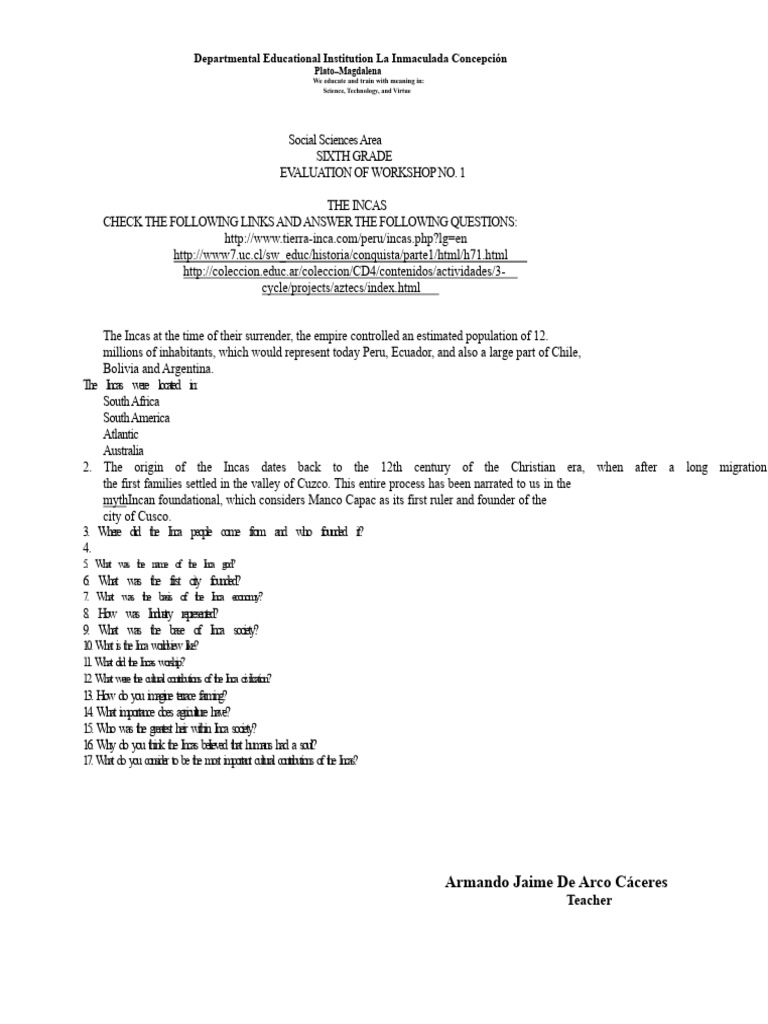 Workshop No. 1 The Incas | PDF | Inca Empire