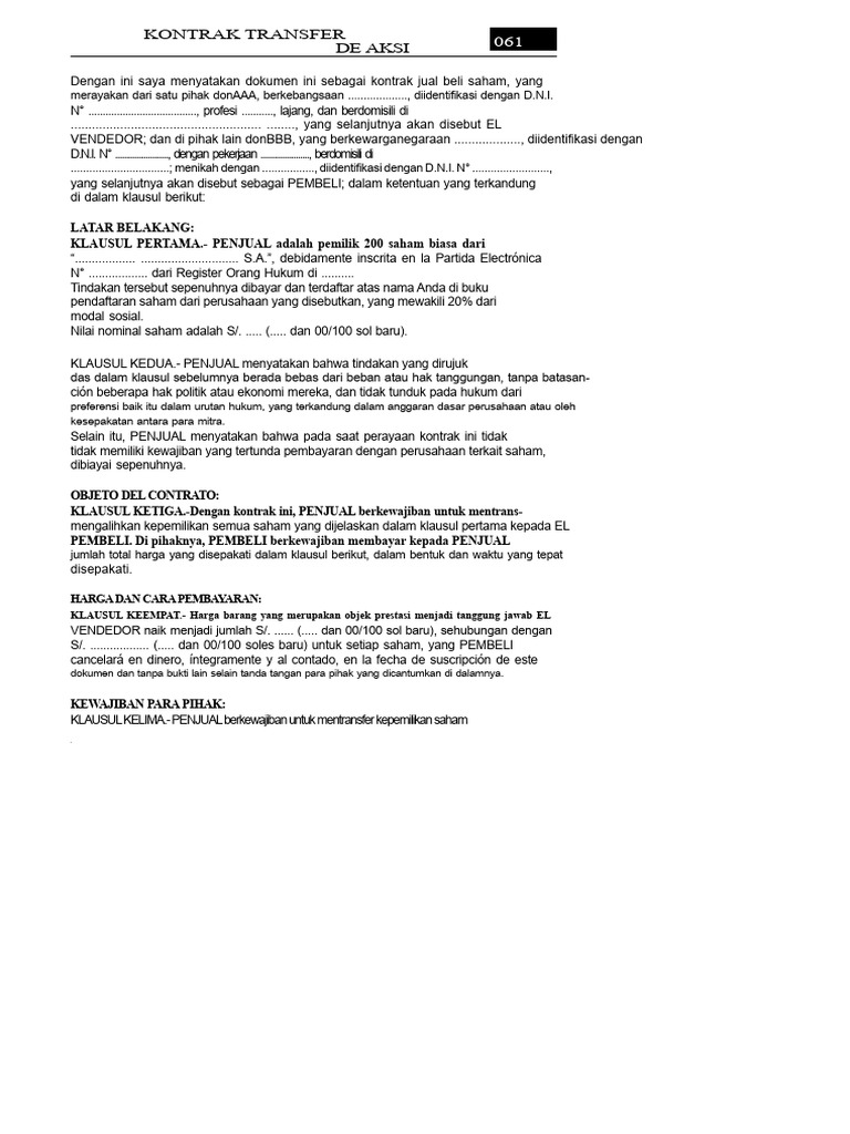 Kontrak Jual Beli Saham S.A. | PDF