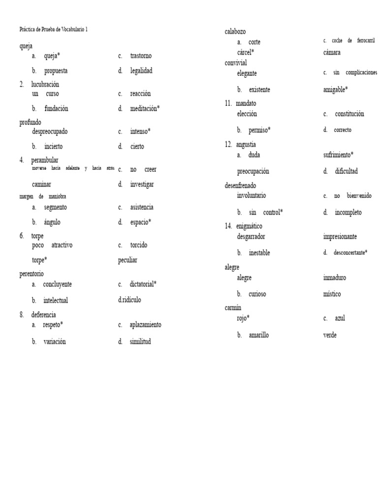 Clave de Respuestas Del Examen de Práctica de Vocabulario 1 | PDF
