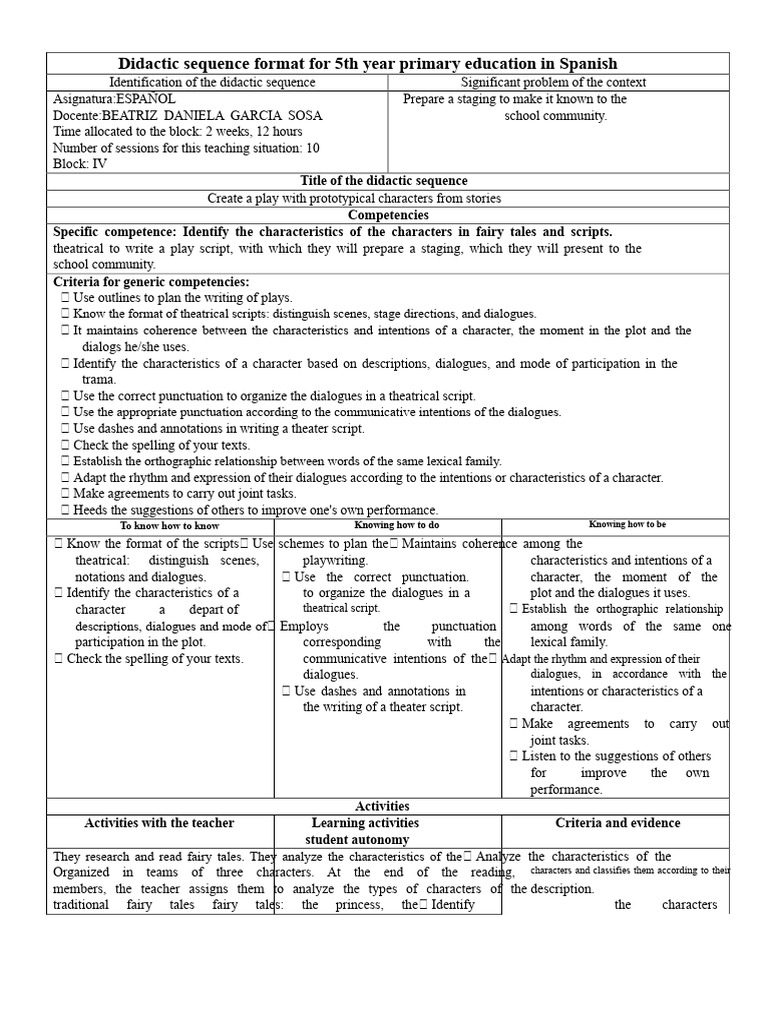 Didactic Sequence Format For Spanish 5th Grade of Primary Education ...
