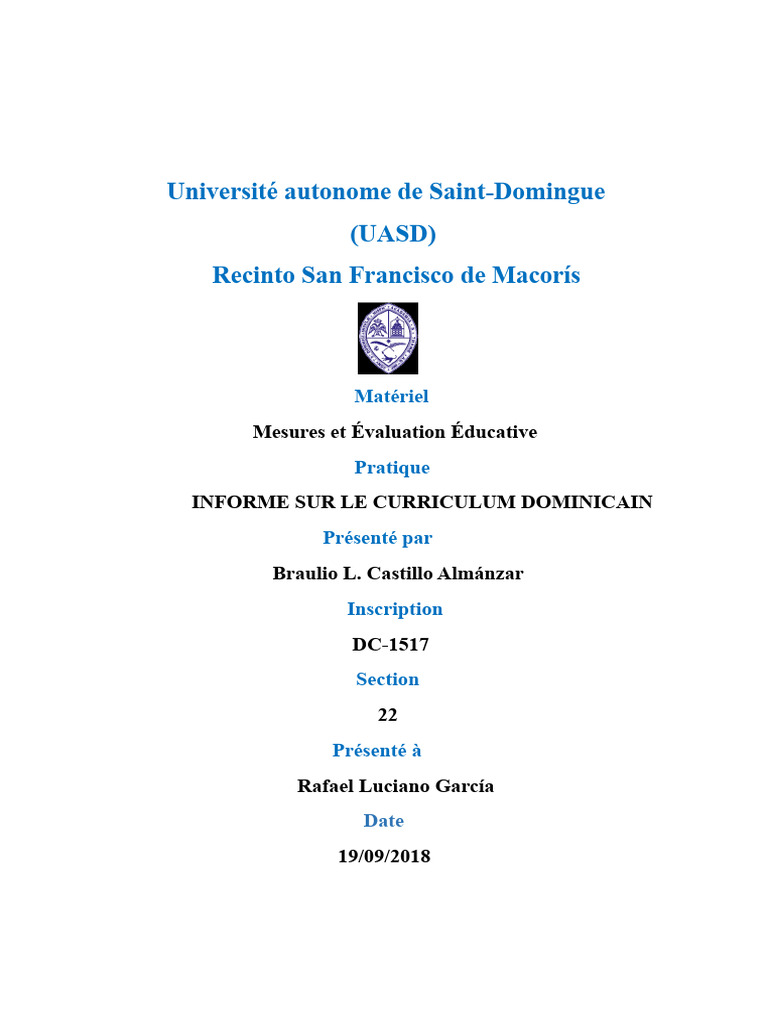 Rapport sur le Curriculum Dominicain | PDF | Apprentissage | Enseignement