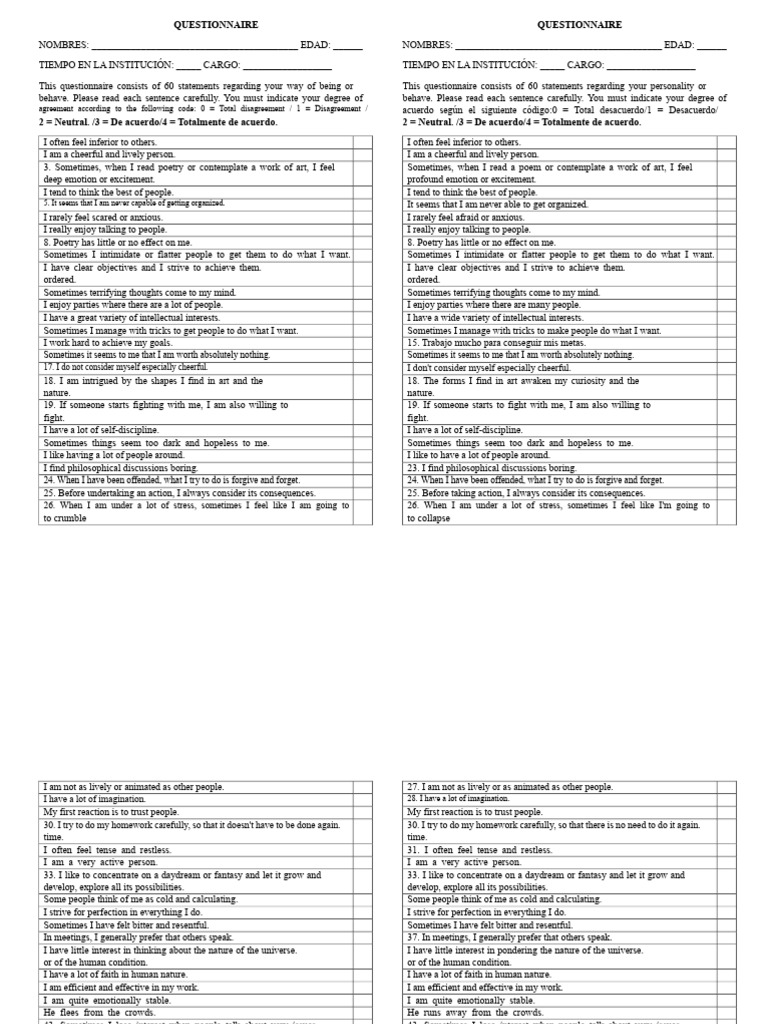 Neo Ffi Questionnaire | PDF | Behavioural Sciences | Psychological Concepts
